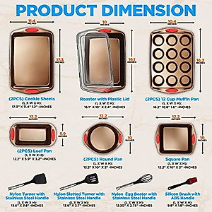 NutriChef 15-Piece Non-Stick Baking Pan Set - Durable Carbon Steel Bakeware Set with Loaf & Muffin Pans, Square & Round Cake Pans, Roaster Pan with Lid, Cookie Sheet, & Nylon Utensils - Gold