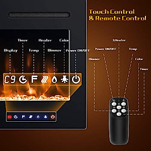 COSTWAY 50-Inch Electric Fireplace, 750W/1500W Wall Recessed and Mounted Fireplace Insert with Remote Control, 9 Flame Colors, 5 Brightness Settings, 8 H Timer, Fireplace Heater for Indoor Use