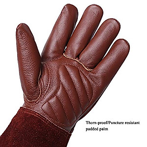 Alomidds Gardening Gloves for Women/Men Rose Pruning Thorn & Cut Proof Long Elbow Durable Cowhide Leather Gardening Gloves for Pruning Cacti Rose and Thorny Bushes (M, BROWN)