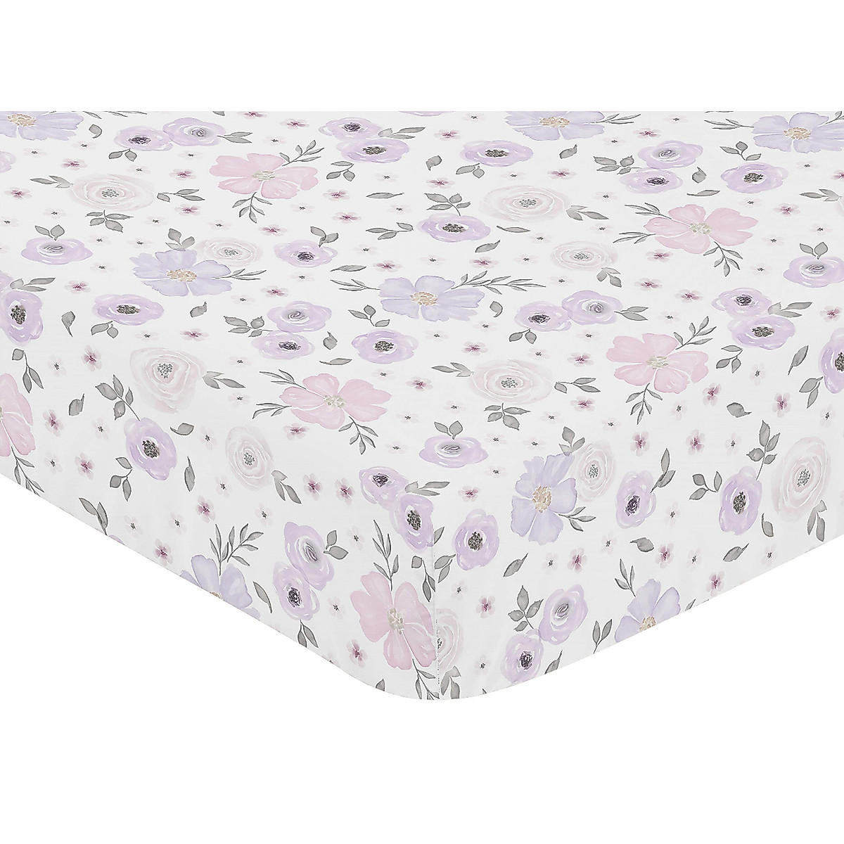 Sweet Jojo Designs Floral Girl Jersey Stretch Knit Baby Fitted Crib Sheet for Soft Toddler Bed Nursery - Lavender Purple, Pink and Grey Boho Shabby Chic Rose Watercolor Flower