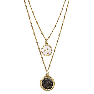 American Coin Treasures Double Chain Necklace Widow's Mite Coin Pendant with Mustard Seed Charm | Saturn Style 18 and 16 Inch Goldtone Chain | Certificate of Authenticity