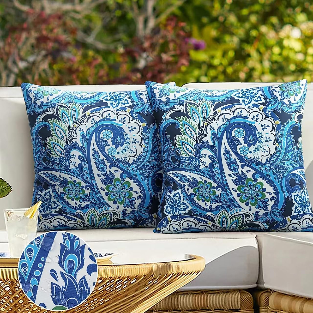 JASEN Outdoor Pillow Covers 18x18 Waterproof Set of 2, Paisley Outside Pillow Covers, Decorative Throw Pillow Cover for Patio Furniture White (No Inserts)