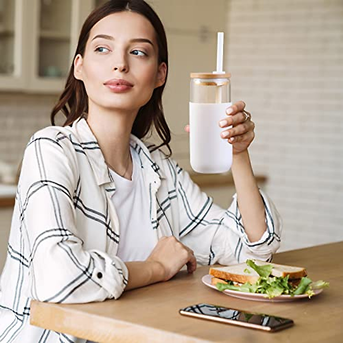 20oz Glass Water Tumbler with Silicone Protective Sleeve - Beer Can Shaped Glass Cups with Straw and Bamboo Lid, Iced Coffee Glasses, Cute Drinking Glasses for, Water Smoothie, Boba Tea, Gift - 1 Pack