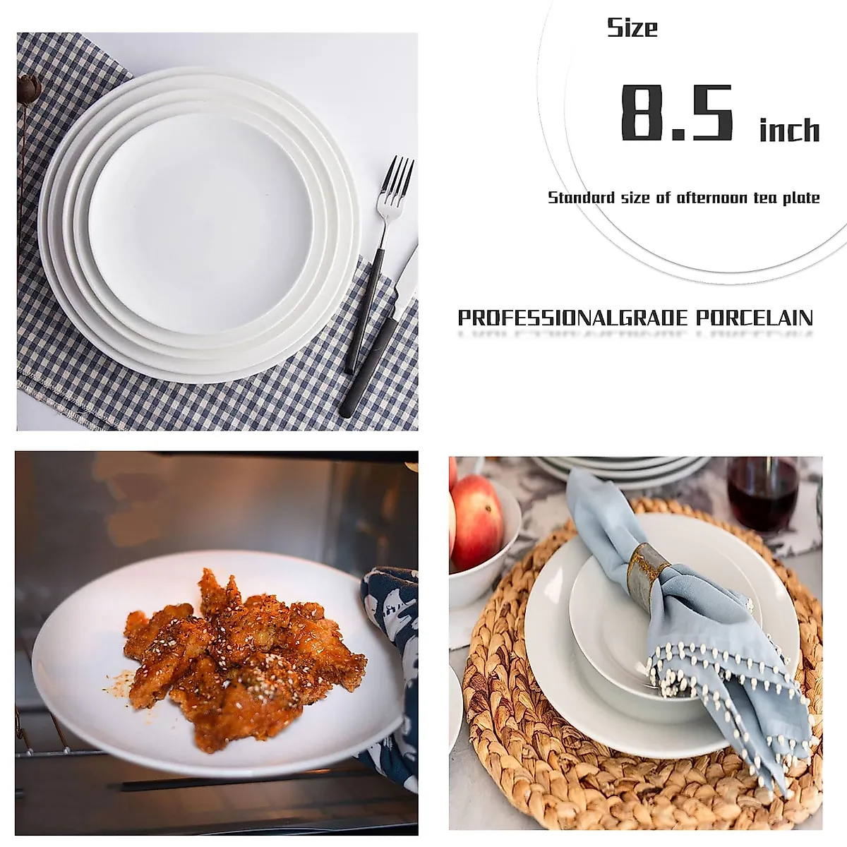 Ygmackin Amazon 8-Piece White Dinner Plates Set, Triple Layer Glass and Chip Resistant, Lightweight Round Plates,Dessert Plate, Dinnerware Set, Winter Frost White, 8.5 inches