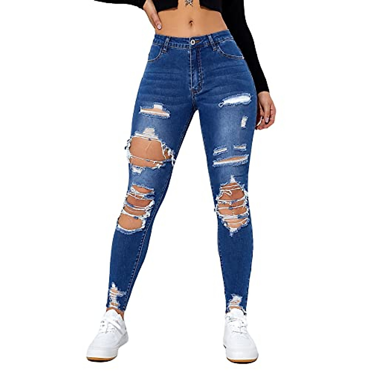 Floerns Women's Cut Out Ripped Jeans Raw Hem High Waist Skinny Denim Pants Blue S