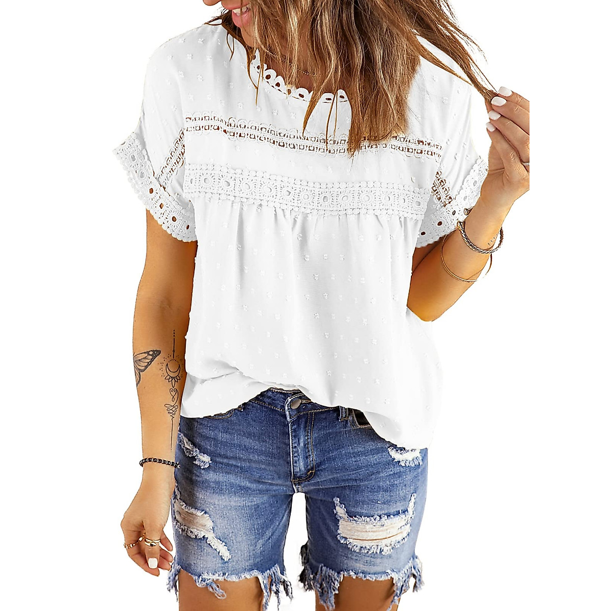Dokotoo Blouses, Fashion 2025 Summer Crochet Lace Round Neck Short Sleeve Shirts Back Button Down Pom Pom Boho Casual Solid Chiffon Blouse Womens Tops White Large