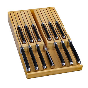Domax Bamboo In-drawer Knife Block - Knife Drawer Organizer Insert Large Handle Steak Knife Holder, Kitchen Drawer Knife Organizer Fits for 12 knives and 1 Sharpening Steel (Not Included), Natural