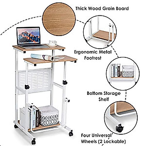 Tangkula Rolling Standing Desk Stand Up Desk, Height Adjustable Home Office Desk with Standing & Seating 2 Modes, Flexible Wheels & Footrest, Mobile Laptop Cart Sit Stand Desk