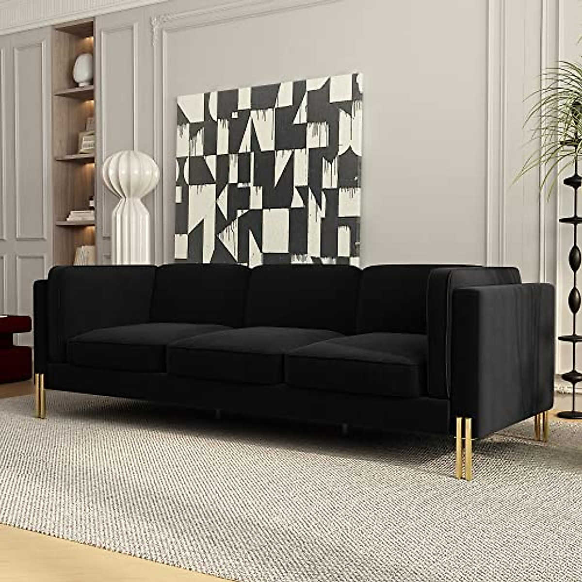 Gooamz Modern Velvet Sofa Couch, 95 Inch Chesterfield Sofa with Removable Cushions and Gold Metal Legs, Large Comfy Tufted Upholstered 3 Seater Couch for Living Room, Office, Hotel, Black