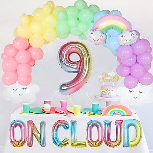 JOYMEMO On Cloud 9 Birthday Decorations for Girls Pastel Rainbow Balloon Garland Arch Kit On Cloud 9 Cake Topper/Balloon Banner for Sky Theme 9th Birthday Party Supplies
