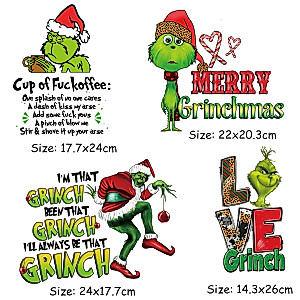 Christmas Iron on Transfers Stickers, 4 Pcs Cute Christmas Cartoon Green Monster Design Heat Transfer Decals Xmas Transfer Iron on Clothing Patches for T-Shirts Jackets Jeans DIY Decorations Craft