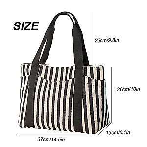 AONIJIE Canvas Work Tote Bag for Women, Medium Teacher Shoulder Bag, Lightweight Handbag Purse with Zipper Fit 13.3 Inch Laptop, Black Strip