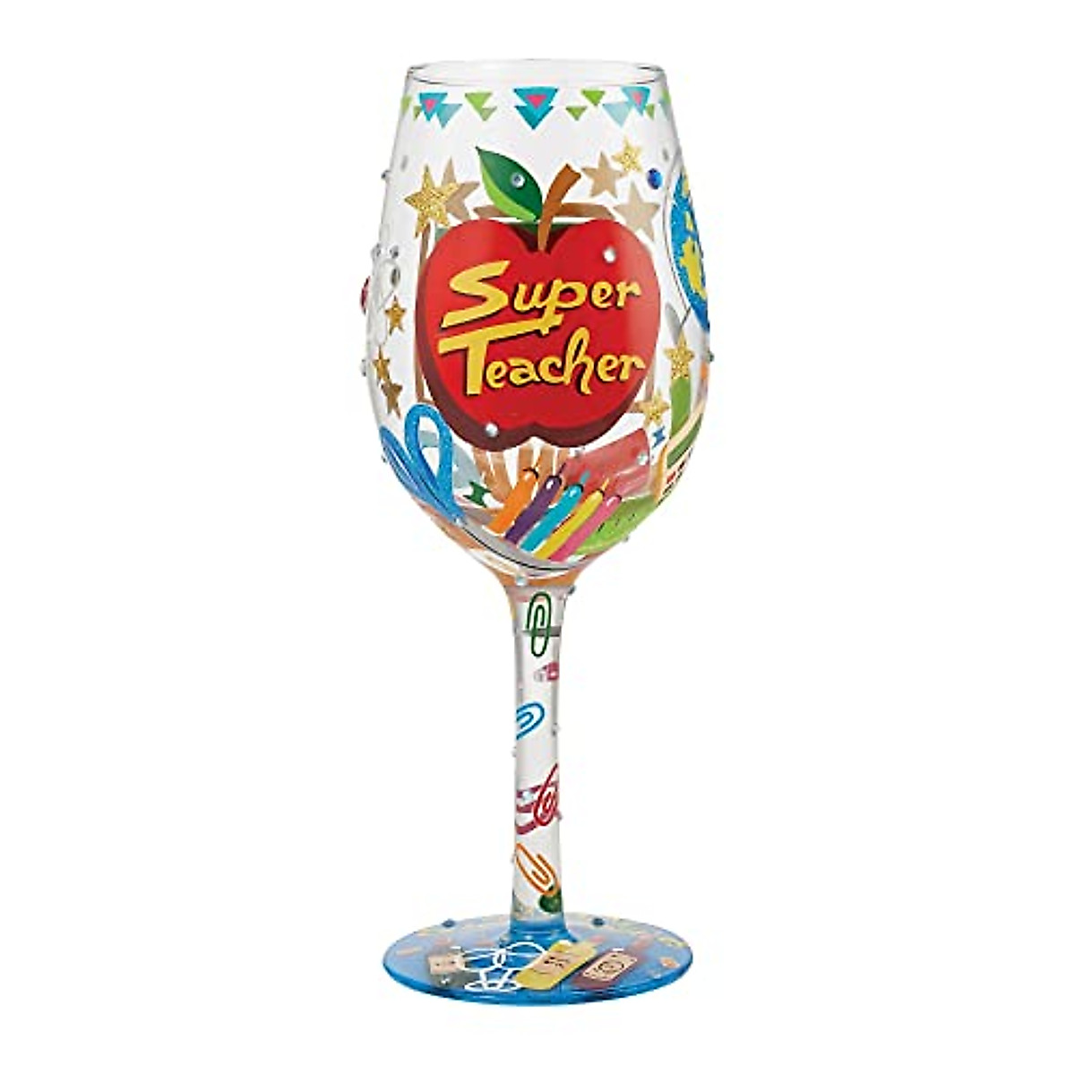 Enesco Designs by Lolita Super Teacher Hand-Painted Artisan Wine Glass, 15 Ounce, Multicolor