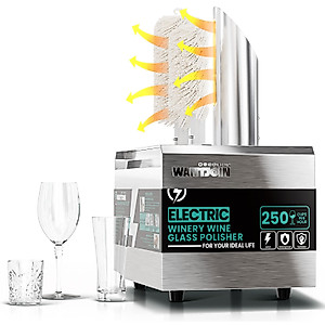 WantJoin Wine Glass Polisher Machine - 2 Brushes 250 Cups/Hour Commercial Electric Automatic Dryer with 304 Stainless Steel, 100% Cotton, 1150W High Power, 140°F Air Drying for Bar Restaurant Kitchen