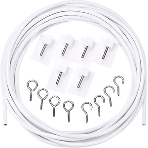 Shappy Curtain Wire with Self-adhesive Hooks, Hooks and Eyes for Net Curtain Rod (3 Meters, 4 Pairs)