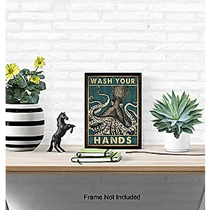 Octopus Nautical Bathroom Wall Art & Decor - Funny Beach Bathroom Decor - Bath Wall Decor - Cute Unique Bathroom Pictures Decorations Poster - Wash Your Hands Sign - Guest Bathroom - Powder Room