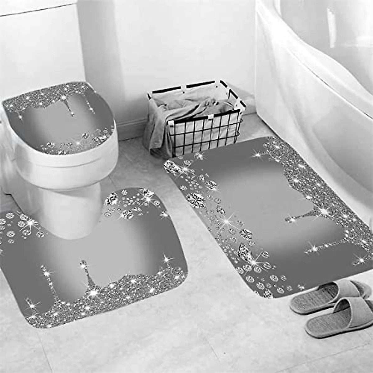 4PCS Glitter Diamond Shower Curtains with Rugs Bath Mat Toilet Lid Cover and 12 Hooks Waterproof Bling Bathroom Shower Curtain Set