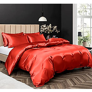 P Pothuiny 5 Pieces Satin Duvet Cover King Size Set, Luxury Silky Like Red Duvet Cover Bedding Set with Zipper Closure, 1 Duvet Cover + 4 Pillow Cases (No Comforter)