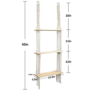 Afuly Hanging Shelf 3 Tier Wall Macrame Boho Shelves for Bathroom Living Room Wall Decor, Plant Book Storage Organizer Shelving Toilet Corner Organization Holder Solid Pine Wood Display