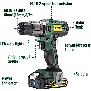TECCPO Cordless Drill Set, 63Pcs Power Drill Set, Drill with 310 In-lbs, 2-Speed, 21+1 Torque Setting, 2.0Ah Battery & Fast Charger, Tool Kit with Drill, Drill Kit Tool Set for General Household