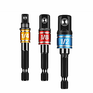 Impact Grade Socket Adapter 3 Pack Set, 1/4", 3/8", and 1/2" Drive, Socket to Drill Adpater for Impact Drivers, Turns Power Drill Into High Speed Nut Driver, Tools Gift for Men, DIYers