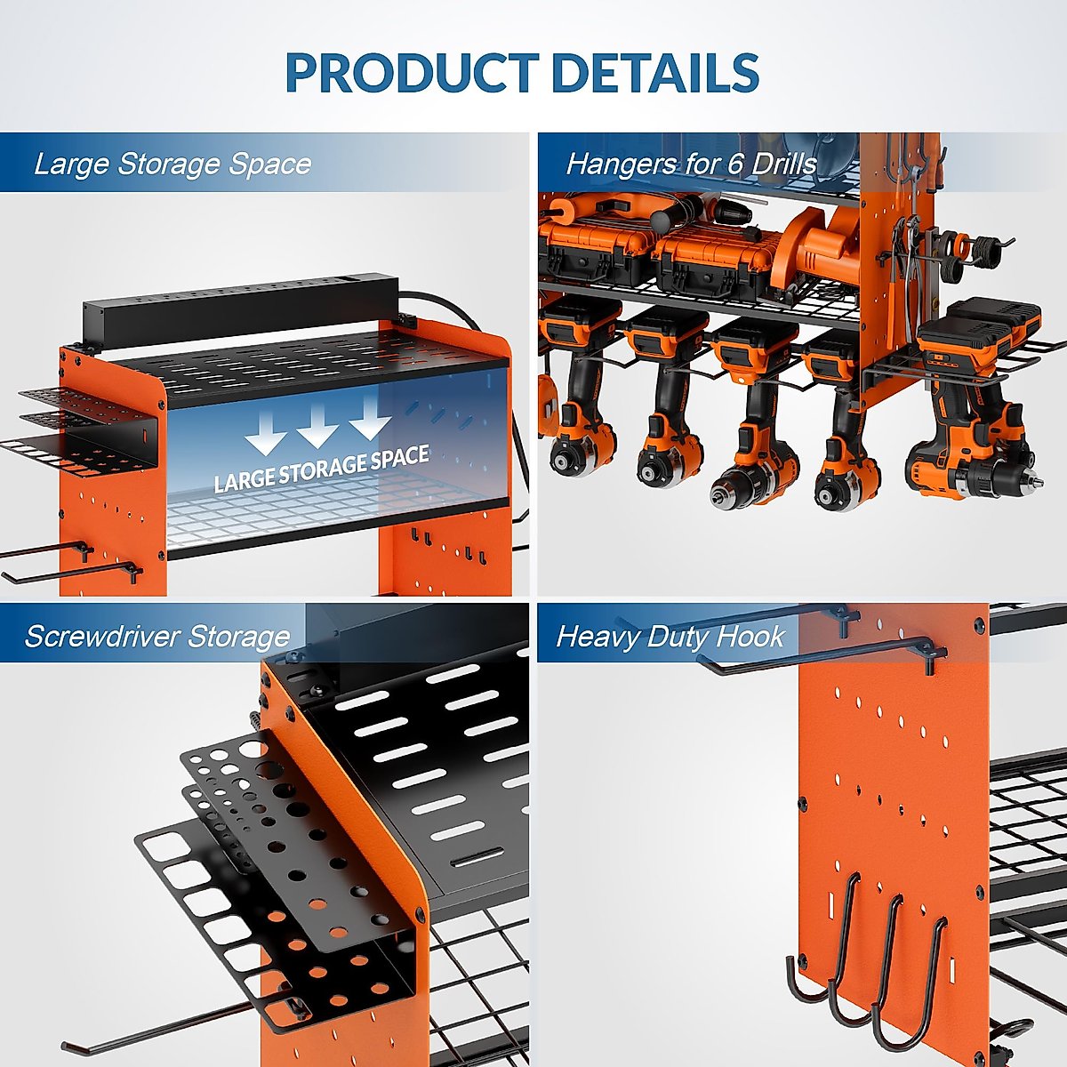 Sttoraboks Modular Power Tool Organizer with Charging Station, Wall Mount Garage Shelf Rack with Hooks for 6 Drills, 4-Layer Shelf, Heavy Duty Tool Battry Holder Built in 8 Outlet Power Strip, Orange