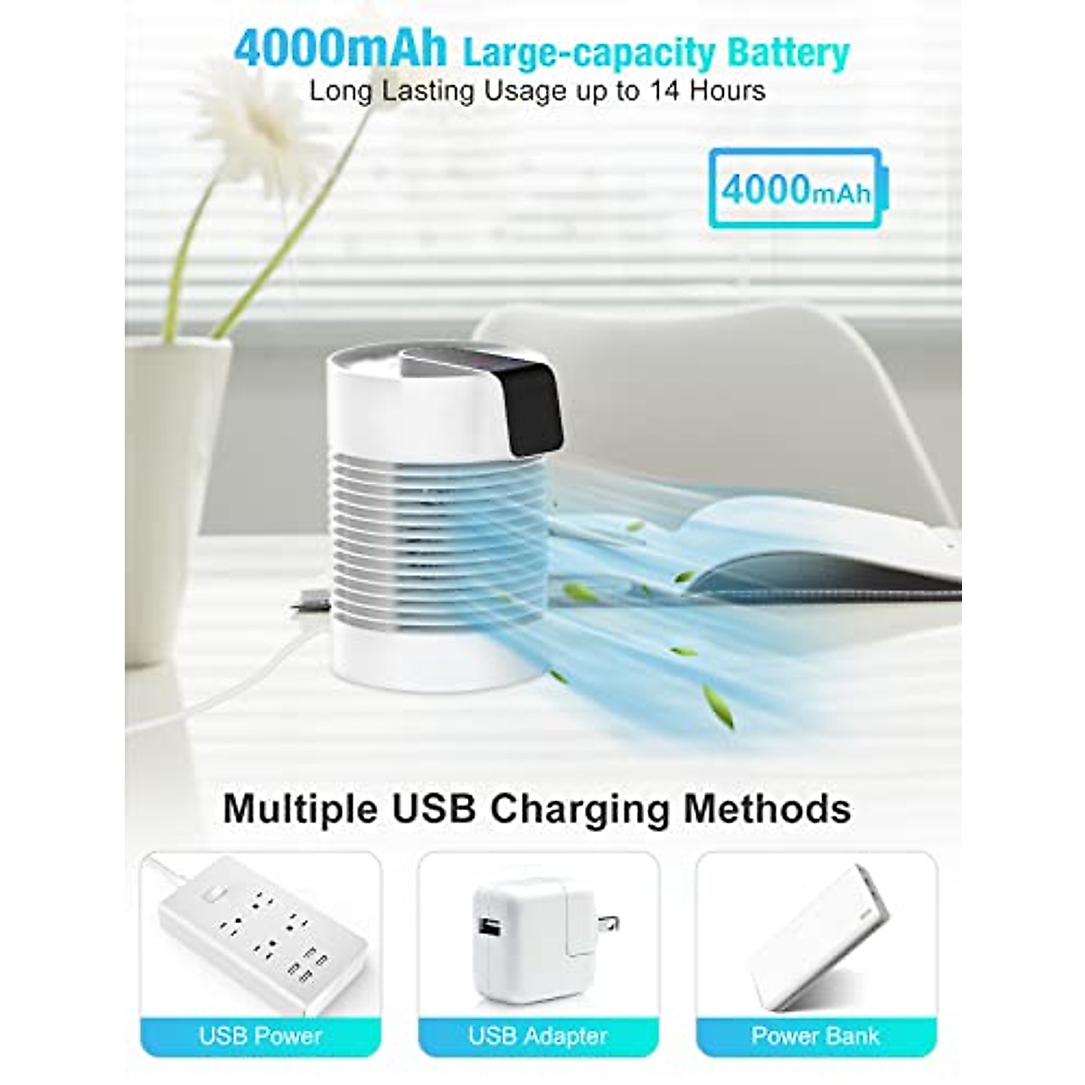 Portable Air Conditioners Fan, Portable AC 90°/360° Auto Oscillation with 3-Speed, 500ml Portable AC Air Conditioner Evaporative Air Cooler Quite Mini Personal Air Conditioner for Small Room Car