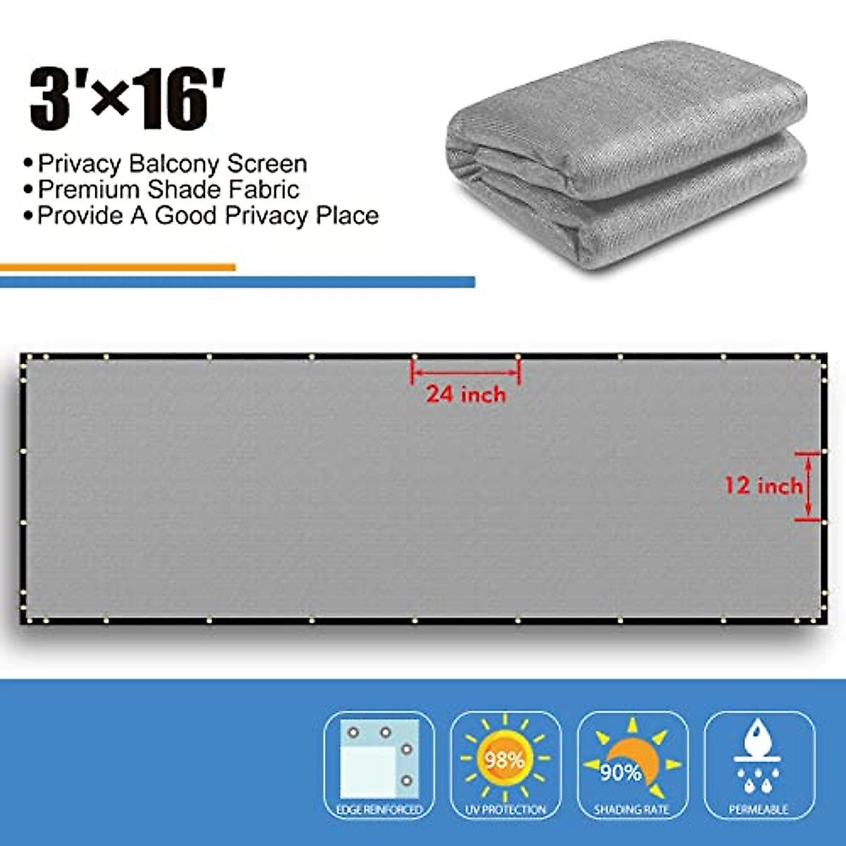 DOEWORKS 3x16FT Balcony Privacy Screen, Deck Shield Fence for Apartment, Backyard, Patio,Grey