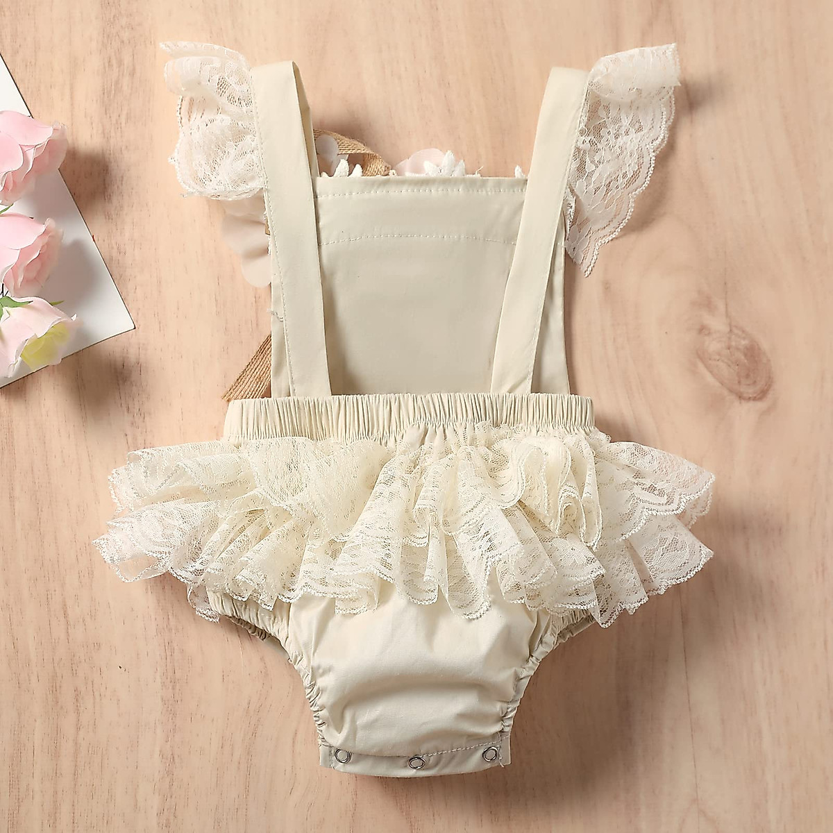 Newborn Infant Baby Girl Lace Romper Boho Dress 1st Birthday Cake Smash Outfit Tutu Ruffle Bodysuit Jumpsuit White Clothes (B1 Beige, 3-6 Months)