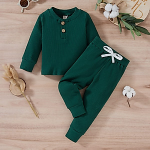fhutpw Toddler Boy Fall Clothes 2T 3T 4T 5T Outfits Winter Long Sleeve Knitted Cotton Tops & Pants Sets Solid Color (A-Green, 2-3T)