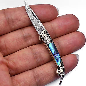 JPCRMOV Mini Pocket Knife Damascus Keychain for Women, Small Folding Knife EDC Compact Knife, Abalone Shell Handle, Blade Length 1.06", Weighs only 9 Grams