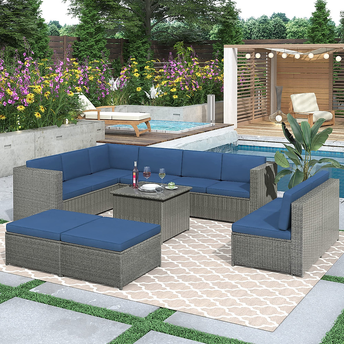 Merax 9 Pieces Patio Furniture Set Outdoor Conversation PE Wicker Rattan Sectional Sofa, Coffee Table and Ottoman, Gray