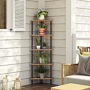 HOOBRO Corner Shelf with Metal Frame, Industrial 5-Tier Wall Corner Bookshelf Stand Display Plant Flower, Bookcase for Small Spaces, Bedroom, Living Room, Rustic Brown BF33CJ01