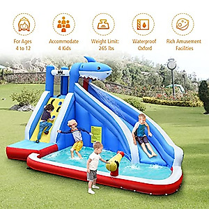 BOUNTECH Inflatable Water Slide, Shark Themed Waterslide Park for Kids Backyard Outdoor Fun w/Long Slide, Climbing, Splashing Pool, Blow up Water Slides Inflatables for Kids and Adults Party Gifts