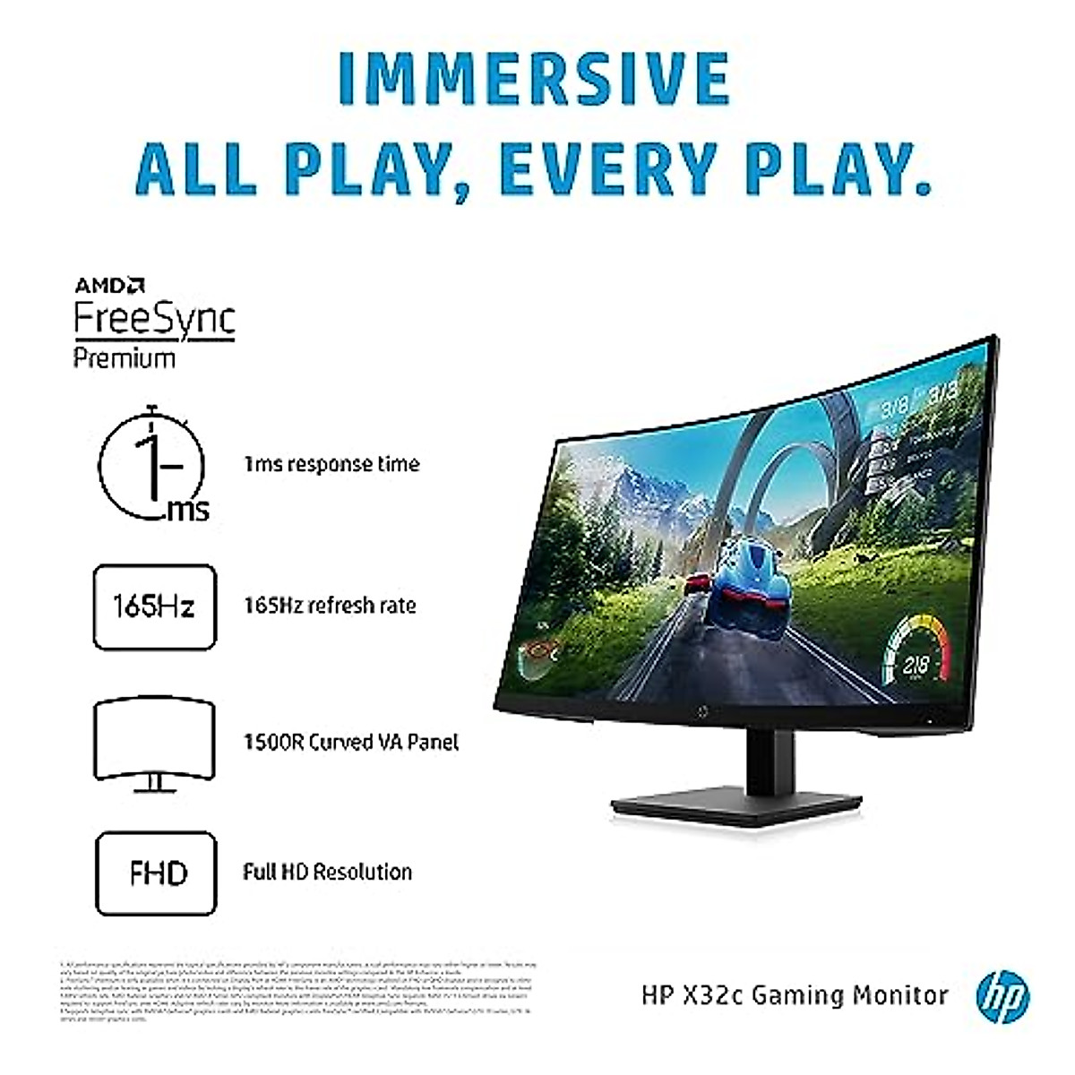 HP 32-inch Curved Gaming Monitor VA HA FHD 1ms 165hz Display, EyeSafe, TÜV certified (X32c, Black)