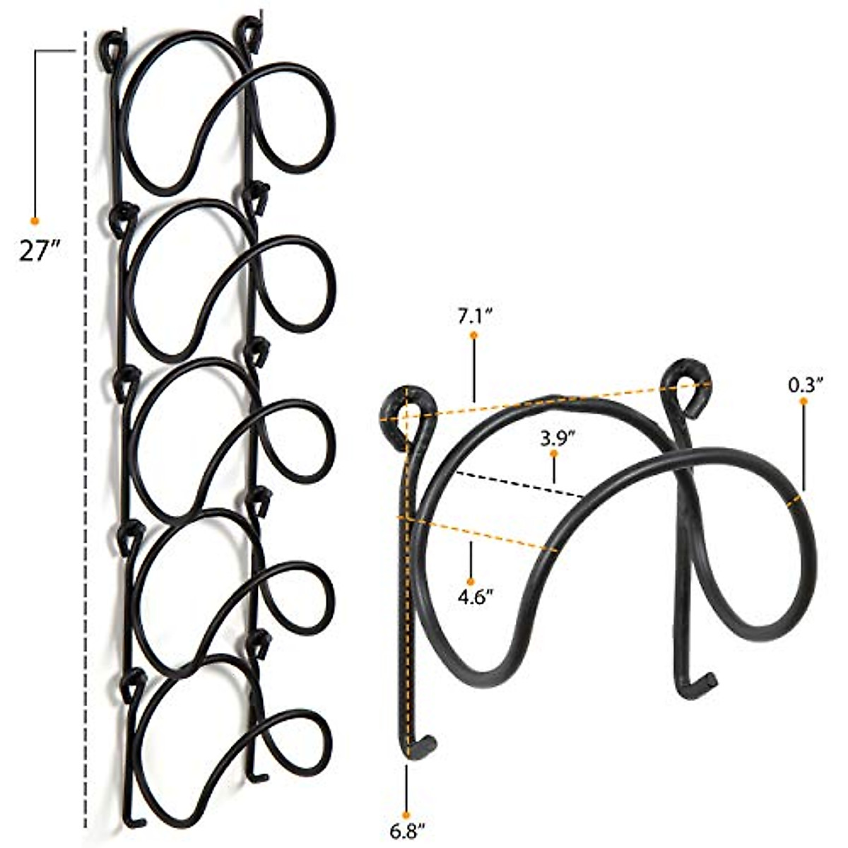 Wallniture Boto Wrought Iron Metal Towel Rack for Bathroom Wall Decor, Curved Finish Bathroom Organizer Set of 5, Black