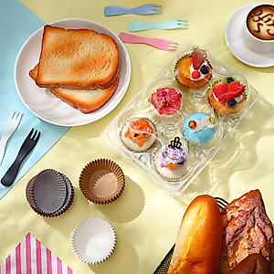 Uiifan 25 Pcs x 6 Counts Stackable Cupcake Carrier Holders with 300 Cupcake Liners and 150 Spoons, Plastic Cupcake Boxes for 6 Cupcakes Clear Disposable Container with Detachable Tall Dome Lid
