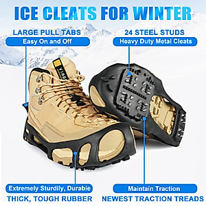 Ice Snow Cleats for Shoes Boots Walk Traction Cleats Crampons Anti Slip 24 Studs Ice Cleat Slip-on Stretch Footwear Grippers for Women Men Kids Walking on Snow Ice