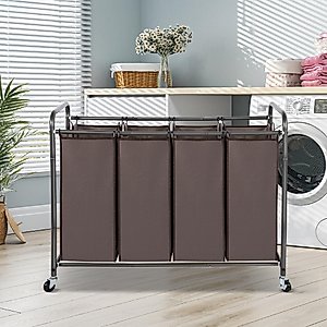 STORAGEIDEAS Laundry Sorter 4 Section, 4-Bag Heavy Duty Rolling Laundry Hamper Cart, Laundry Basket Organizer With Wheels and Removable Bags, Laundry Room Organization For Dirty Clothes Storage, BROWN