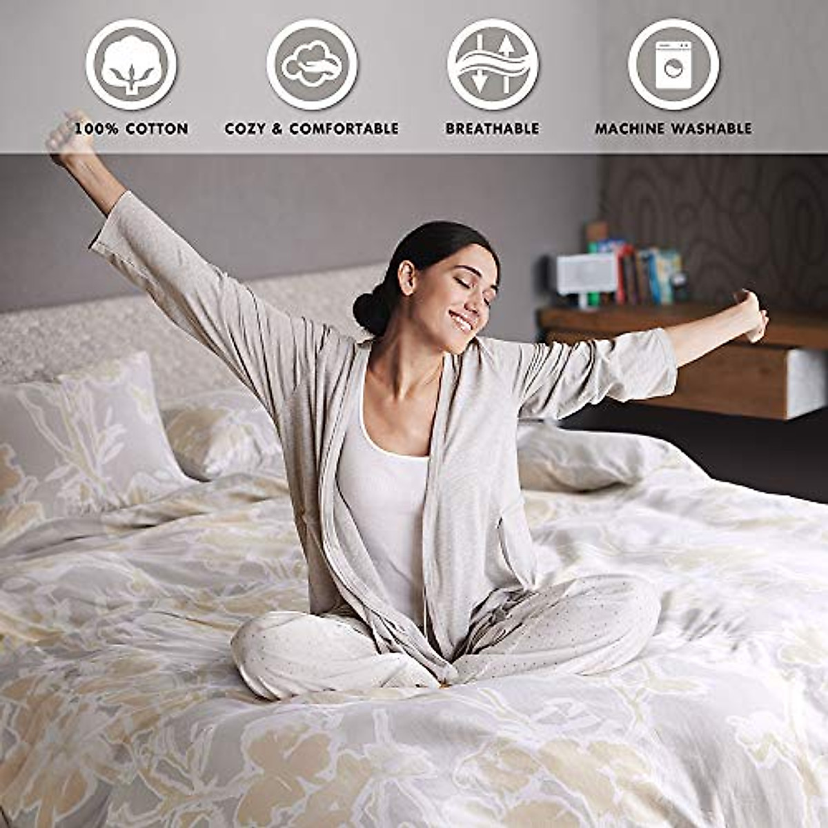 INTELLIGENT DESIGN Reversible 100% Cotton Sateen Duvet - Breathable Comforter Cover, Modern All Season Bedding Set with Sham (Insert Excluded), Tanet, Flower Grey King/Cal King(104"x90")
