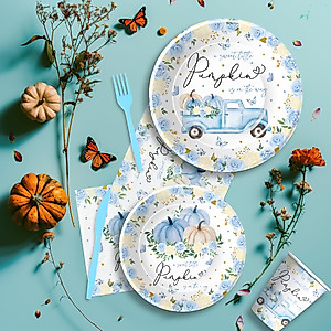 Srua Don Pumpkin Baby Shower Decorations Tableware, Blue Little Pumpkin Baby Shower Party Supplies, Plate, Cup, Napkin, Cutlery, Tablecloth, Thanksgiving Fall Pumpkin Baby Boy Decorations, Serve 24