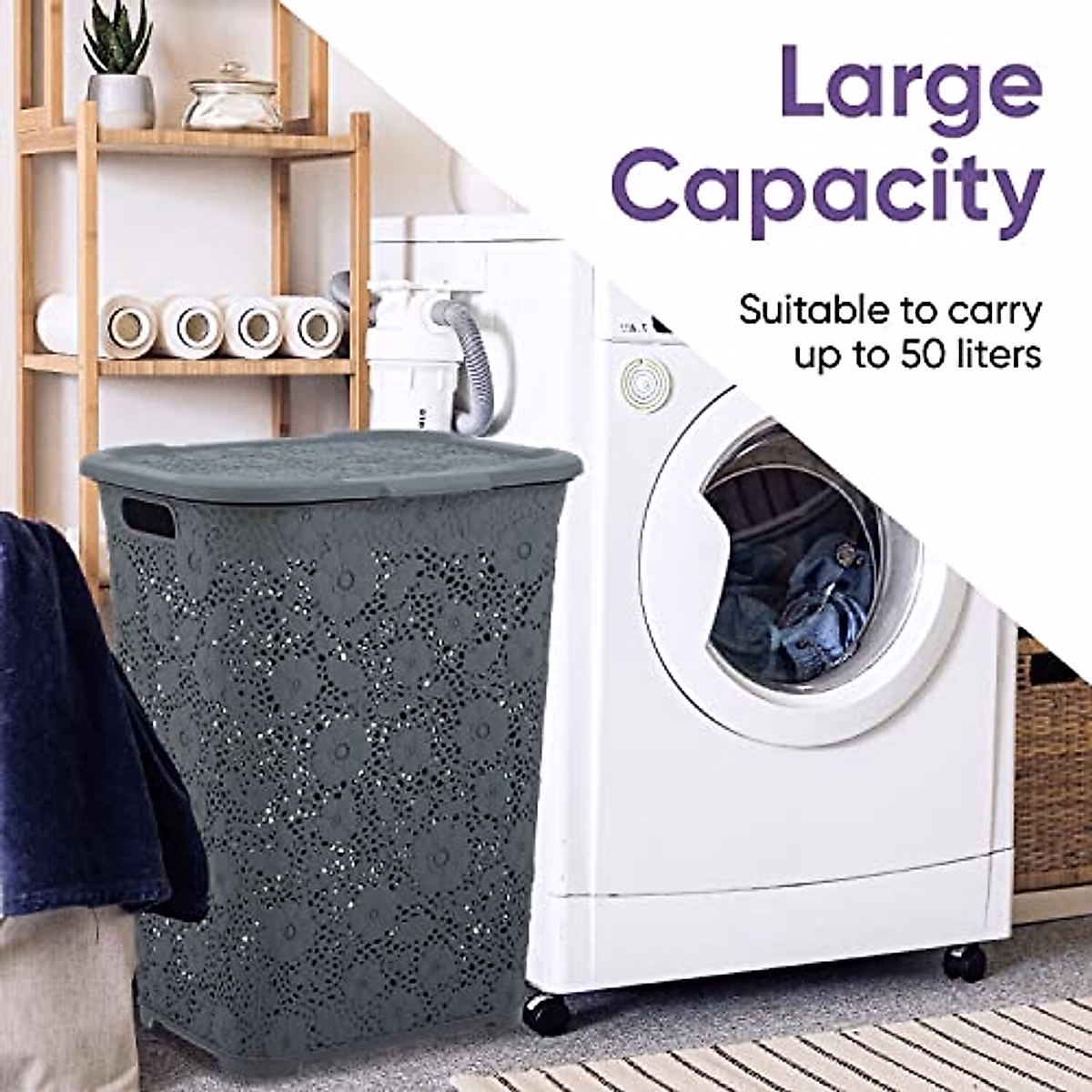Laundry Hamper Basket With Lid, 2 Pack Plastic Hamper Grey Tall Cloths Hamper Basket Organizer with Cut-out Handles- Space Saving for Laundry Room, Bedroom, Bathroom-Lace Design, 50 Liter