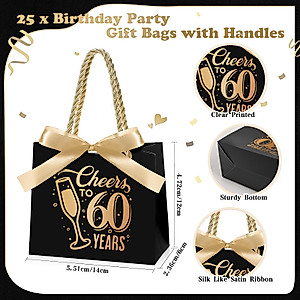Clysee 25 Pcs Birthday Gift Bags with Handles Black and Gold Party Favor Bags Bulk for Birthday Wedding Anniversary Supplies Decorations, 5.51 x 2.36 x 4.72 Inches(Cheers to 60)