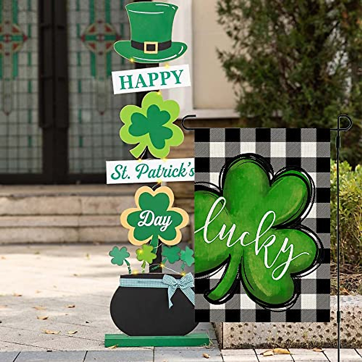 CROWNED BEAUTY St Patricks Day Garden Flag 12x18 Inch Double Sided for Outside Small Burlap Green Shamrock Lucky Black White Buffalo Plaid Yard Holiday Flag CF737-12