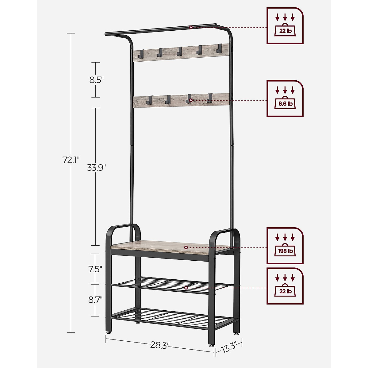 VASAGLE Coat Rack, Hall Tree with Shoe Bench for Entryway, Entryway Bench with Coat Rack, 4-in-1, with 9 Removable Hooks, a Hanging Rod, 13.3 x 28.3 x 72.1 Inches, Greige and Black UHSR40MB