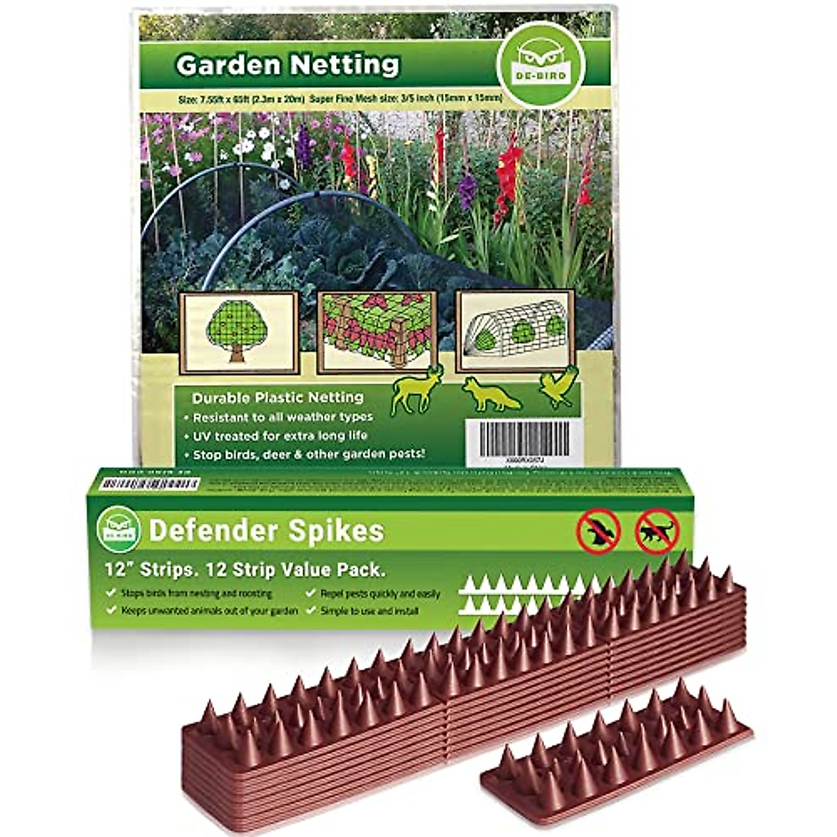 De-Bird Bundle Includes: Defender Spikes 12 pk & Heavy Duty Bird Netting to Protect Plants - Keep Away Pigeon, Woodpecker & Cats from Your Garden and Crops