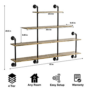 WFSRESTD Industrial Pipe Shelving, 4 Tier Rustic Wooden Floating Shelves, Wall Display Bookshelf, Storage Rack Sundries Holder for Kitchen Office Bathroom Organization and Home Decor