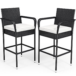 YITAHOME Outdoor Wicker Bar Stools Set of 2, Patio Wicker Counter Stools with Armrest & Backrest, Outdoor Bar Height Chairs with Soft Cushions for Backyard Pool Garden Deck, Black