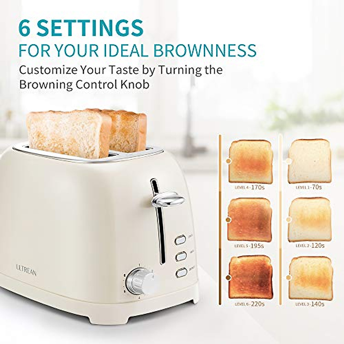 Ultrean Toaster 2 Slice with Extra-Wide Slot for Toasting Bagels, Breads, Waffles & More, Stainless Steel Material with Removable Crumb Tray, 6 Browning Settings