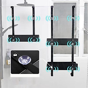 Natural Bamboo Over the Door Shower Caddy，Rust-proof Carbon Steel Adjustable Hanging Organizer Shelf ,Soap Holder Bathroom Shelf，Shower Basket with Hook Suction Cup (Black-2 Tier)